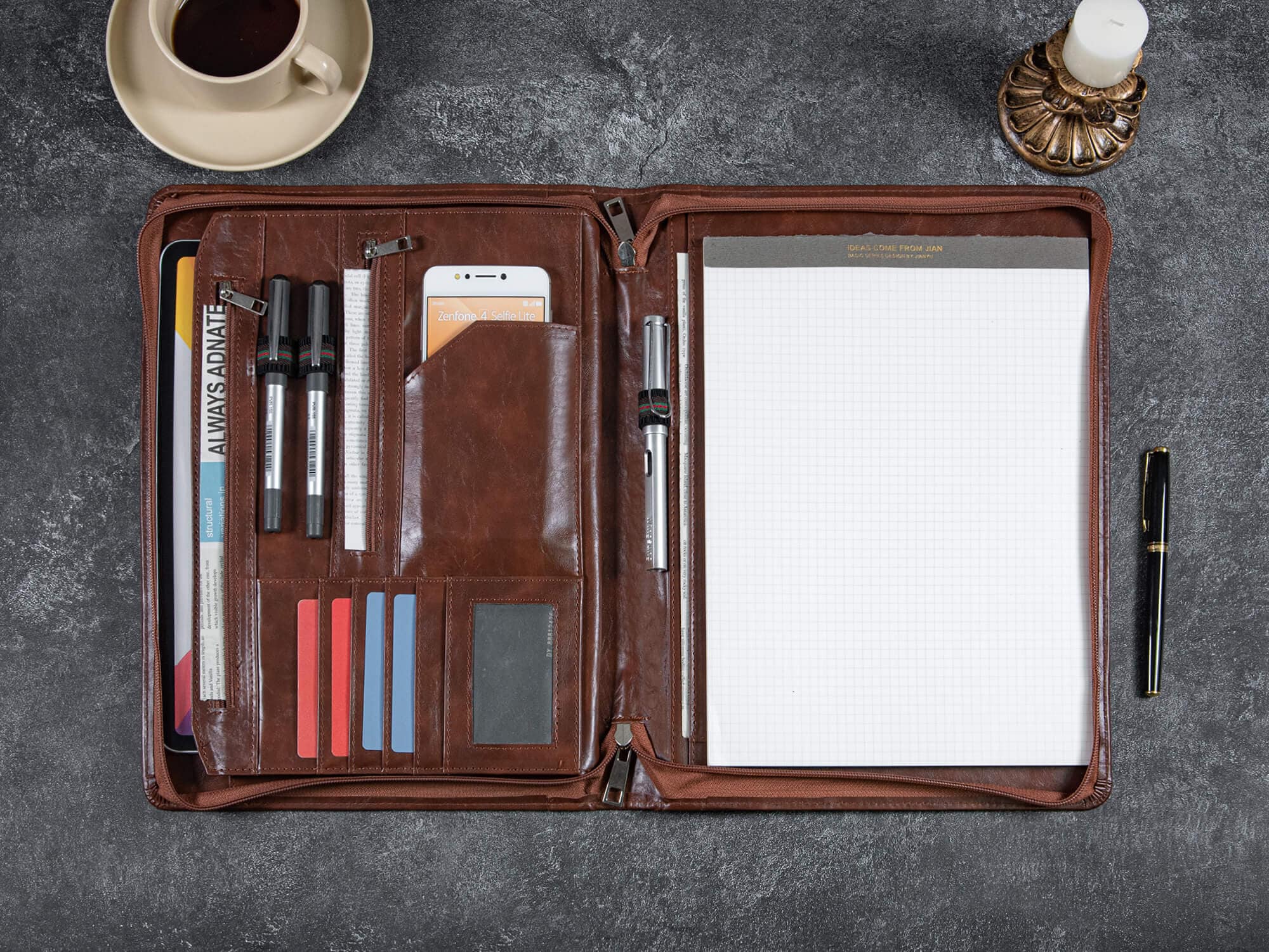 Personalized Dark Brown Leather Portfolio With Zipper,engraved Business ...