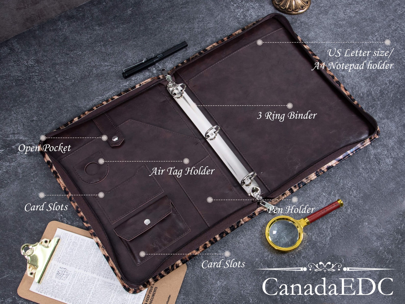 Name&logo Engraved Leopard Print Leather Portfolio for Her, 3-ring ...