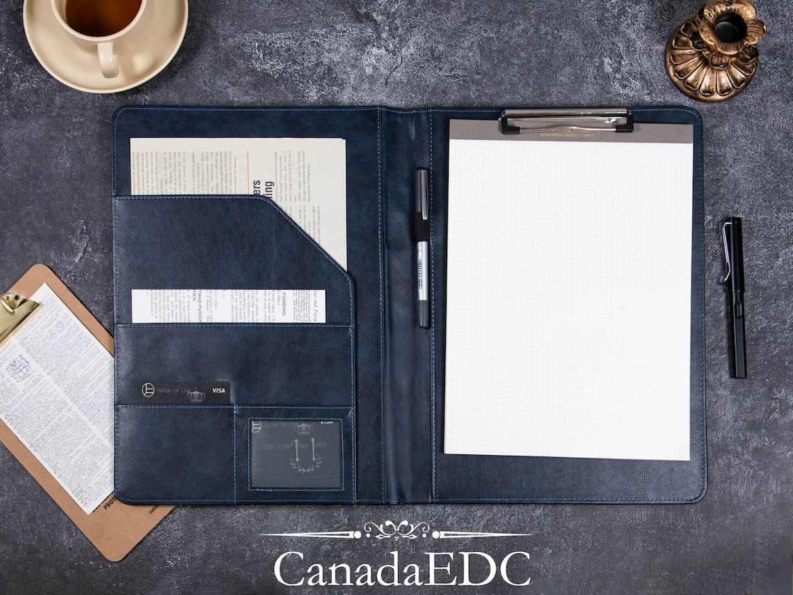 A4 Engraved Navy Blue Pu Leather Portfolio With Clipboard,personalized ...