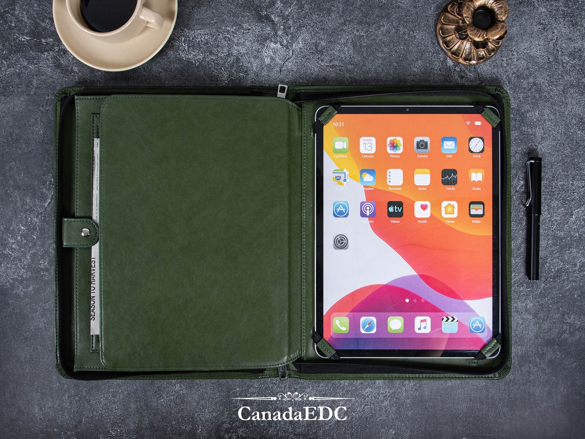 13in Personalized Green Vegan Leather Portfolio With Zipper,a4 Padfolio ...