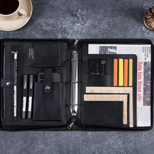 Men's Engraved Black Genuine Leather Briefcase, 3 Ring Binder Leather ...