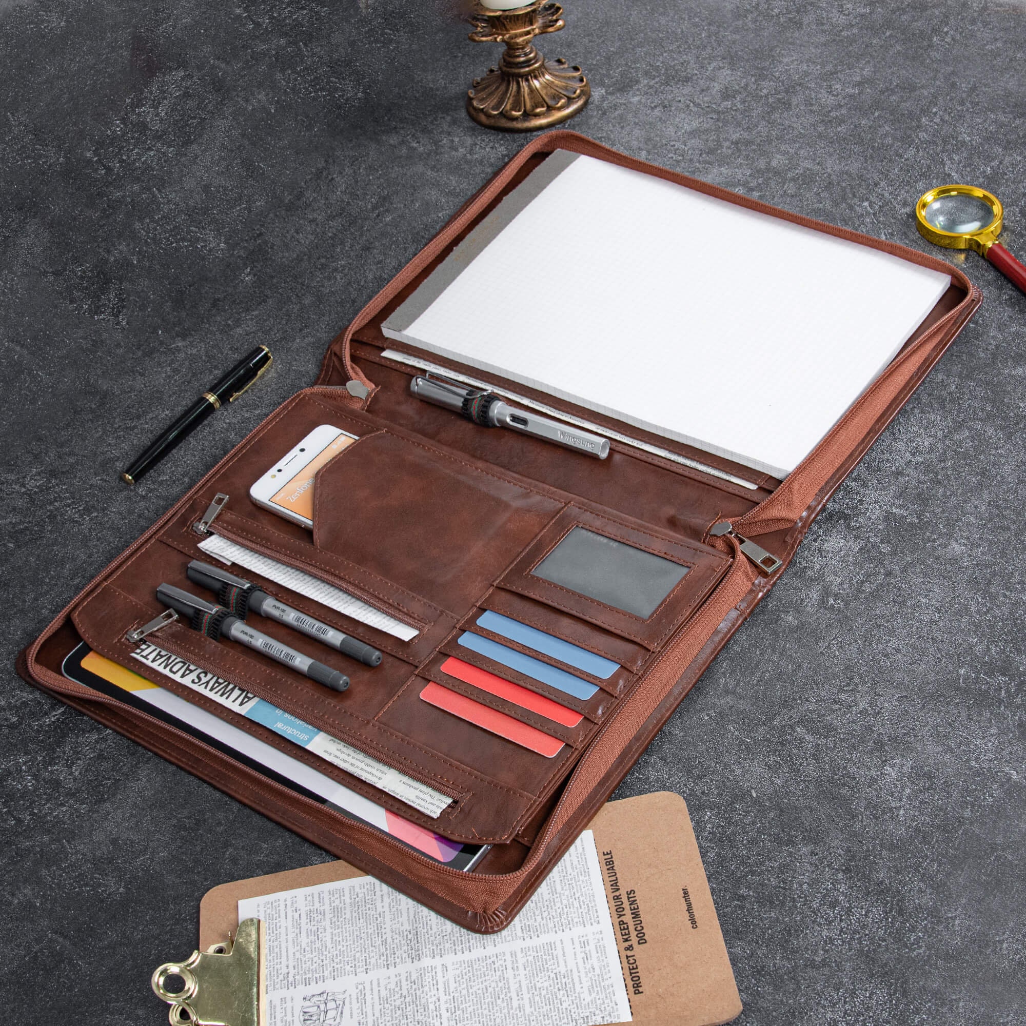 Personalized Dark Brown Leather Portfolio With Zipper,engraved Business ...