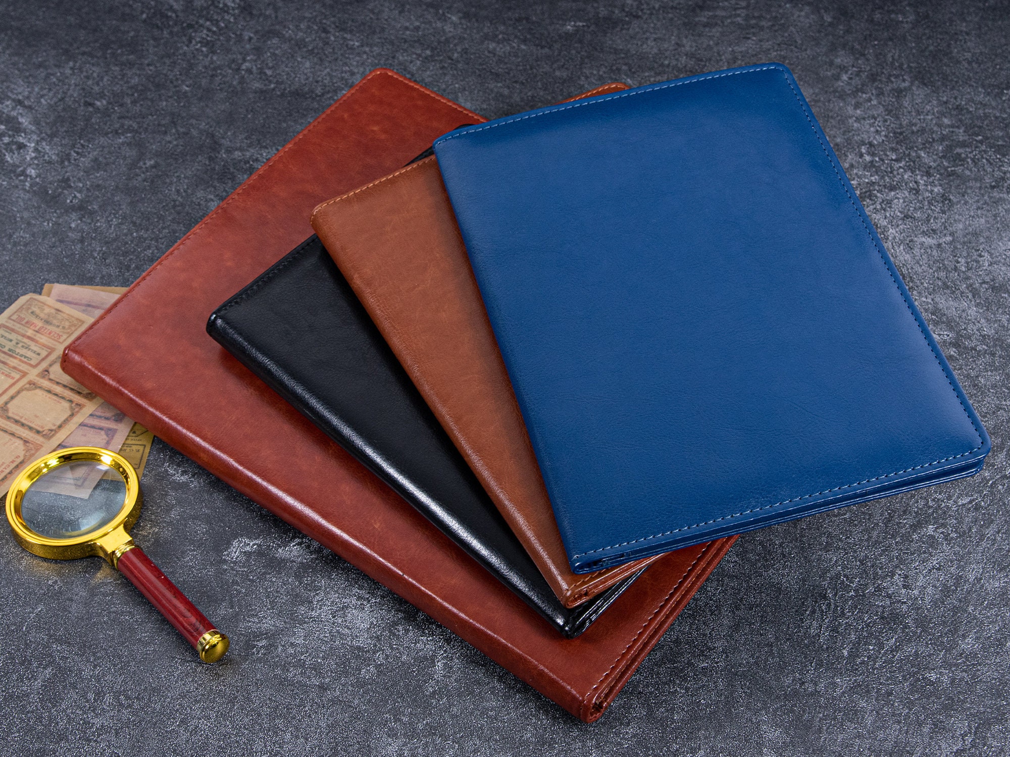 A5 Monogrammed Navy Blue Pu Leather Portfolio for Men, Personalized ...