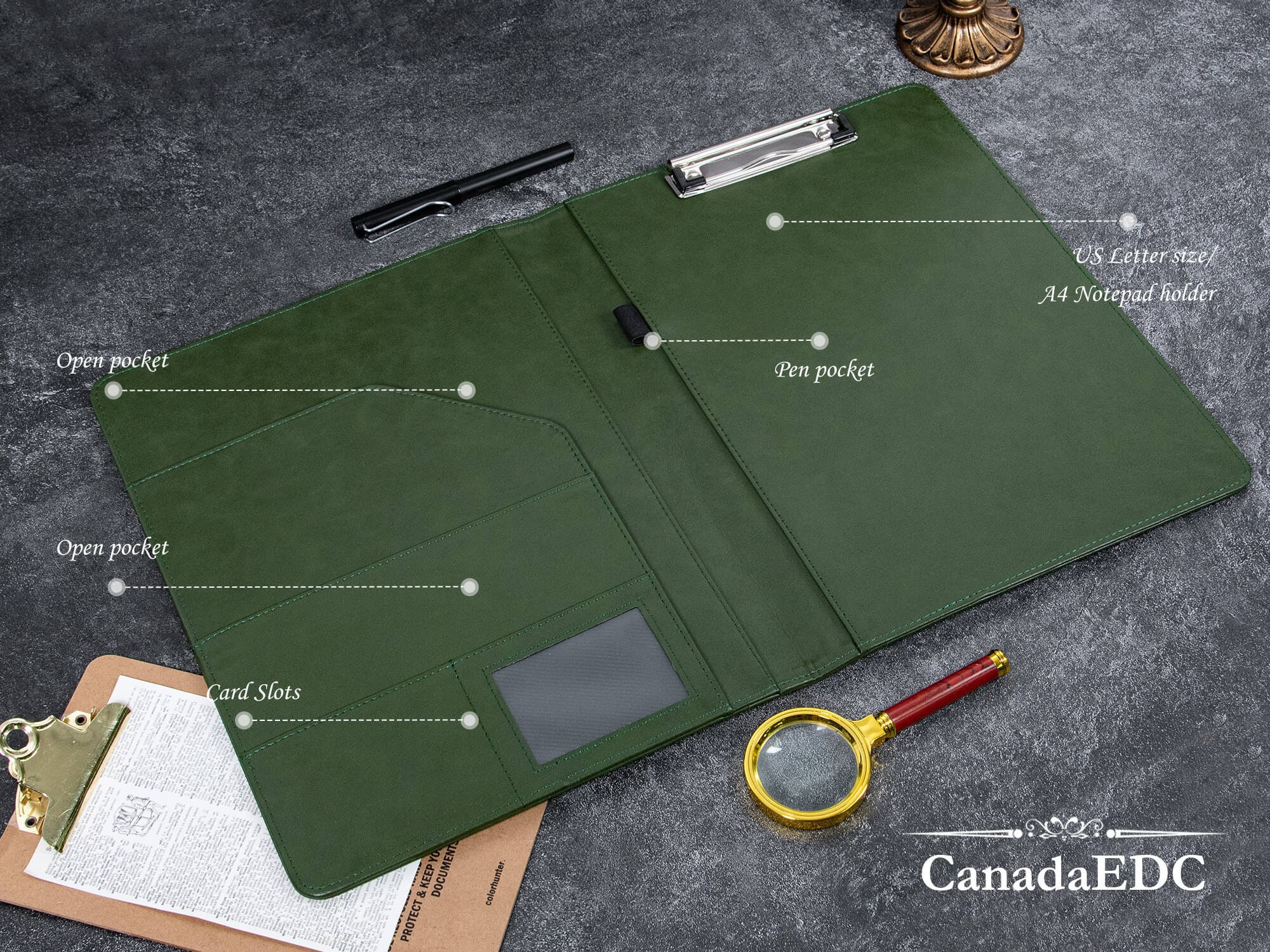 Personalized A4 Green Vegan Leather Portfolio, Leather Padfolio With ...