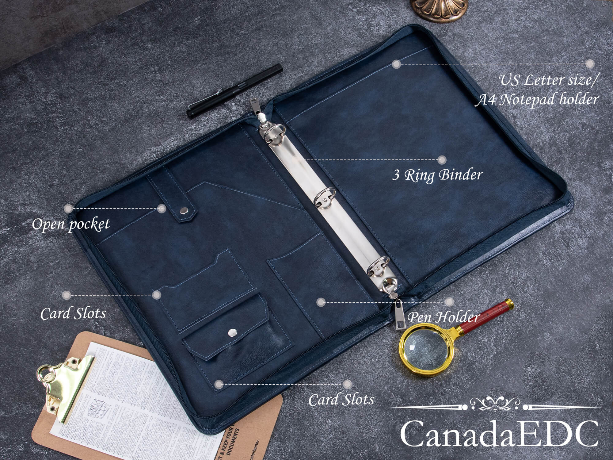 3-ring Binder Navy Blue Pu Leather Portfolio for Men,a4 Engraved Name ...