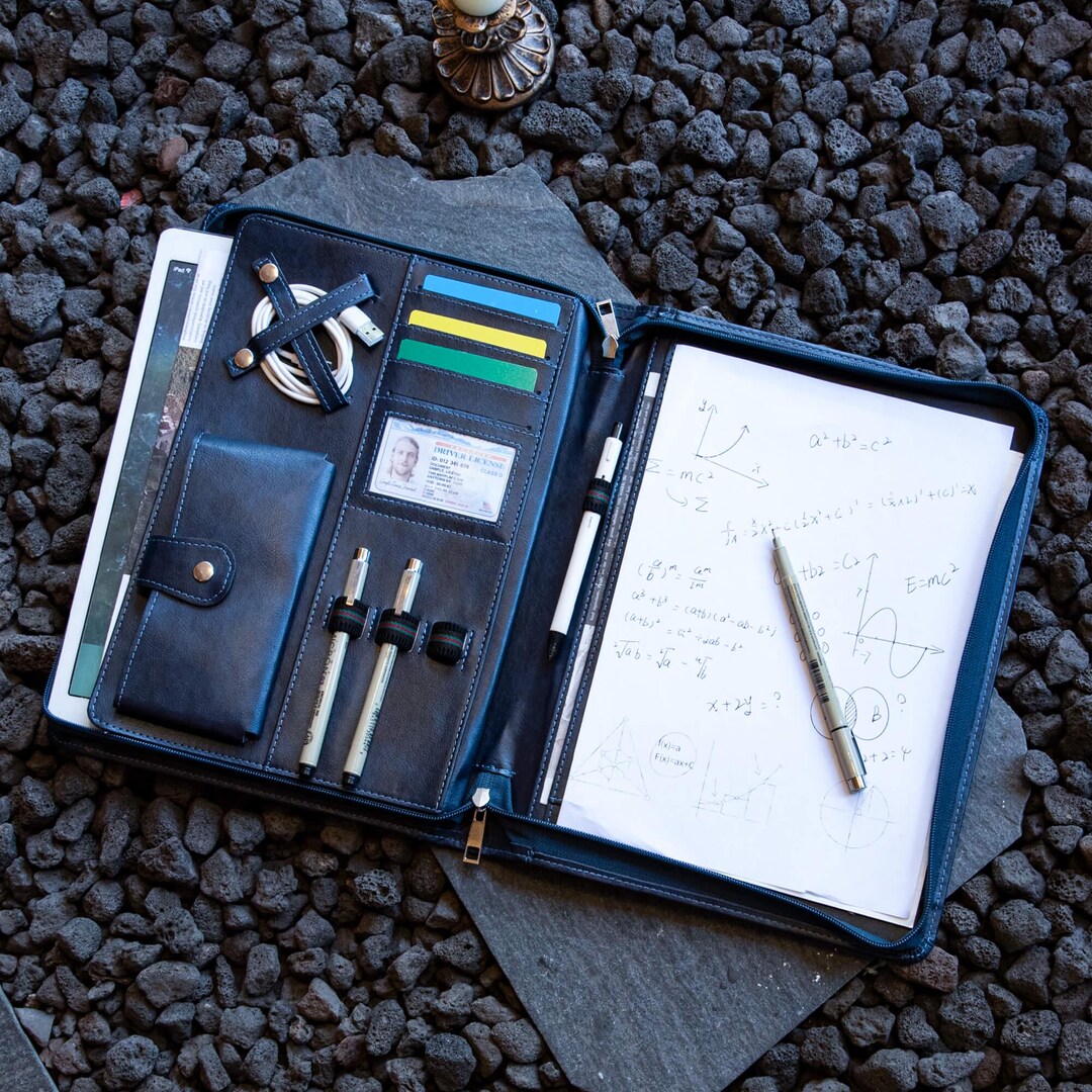Personalized Navy Blue Pu Leather Portfolio for Men, Custom A4 Padfolio ...