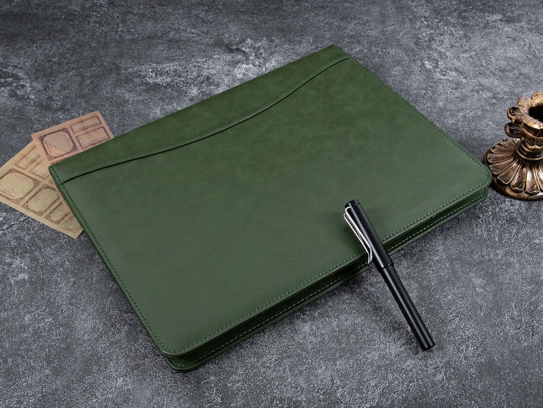 Personalized A4 Green Vegan Leather Portfolio, Leather Padfolio With ...