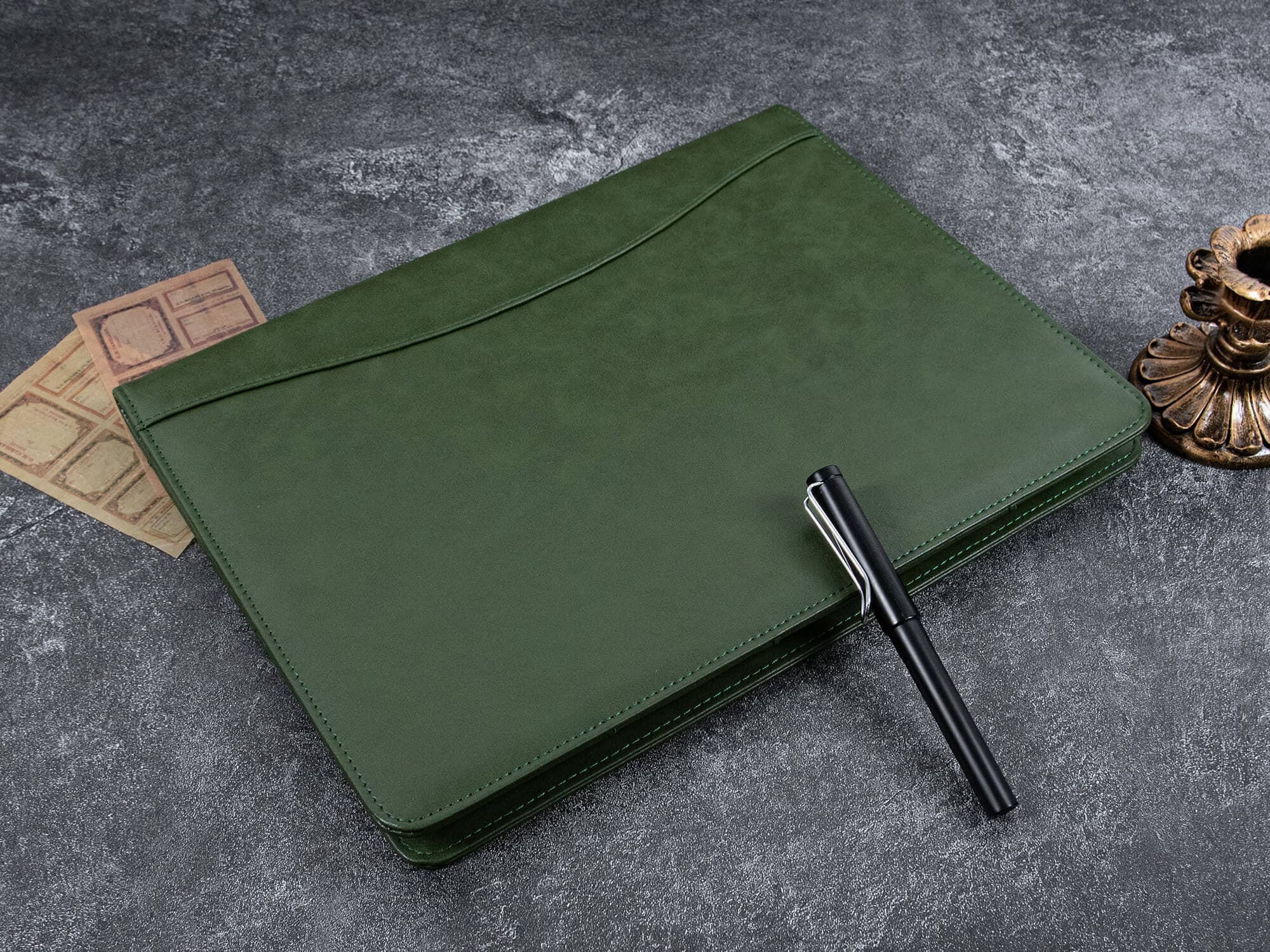 Personalized A4 Green Vegan Leather Portfolio, Leather Padfolio With ...