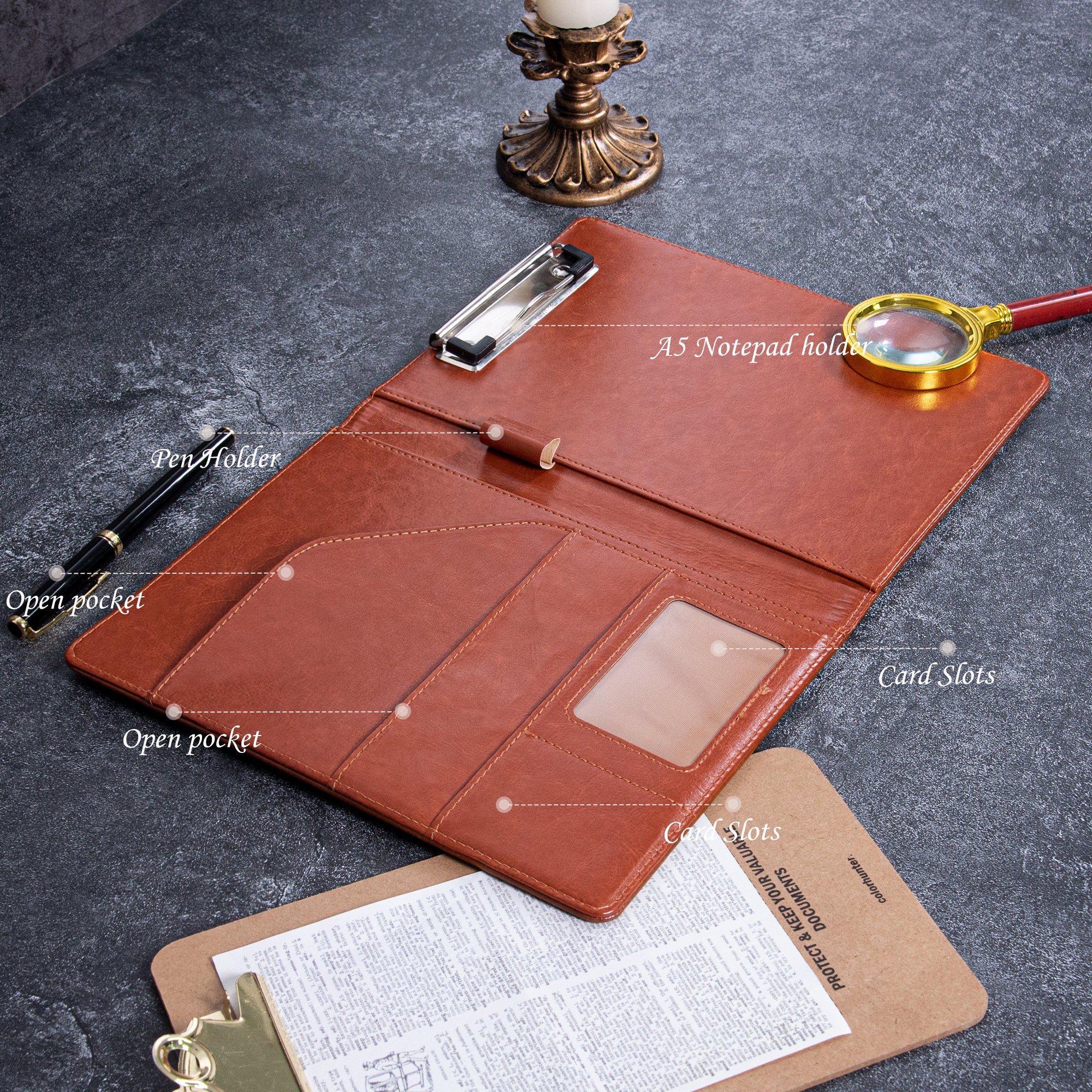 A5 Engraved Name & Logo Leather Padfolio With Clipboard, PU ...