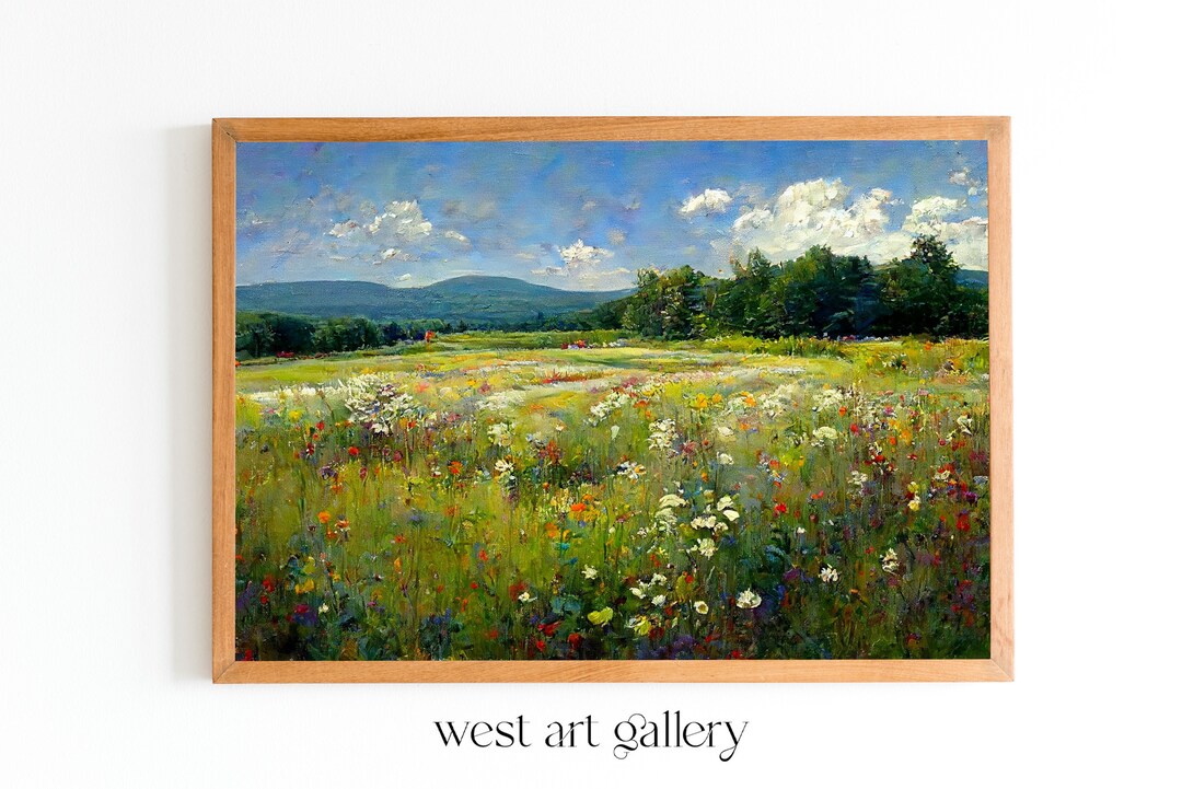 Vintage Flower Field Oil Painting, Spring Meadow Painting, Farmhouse ...