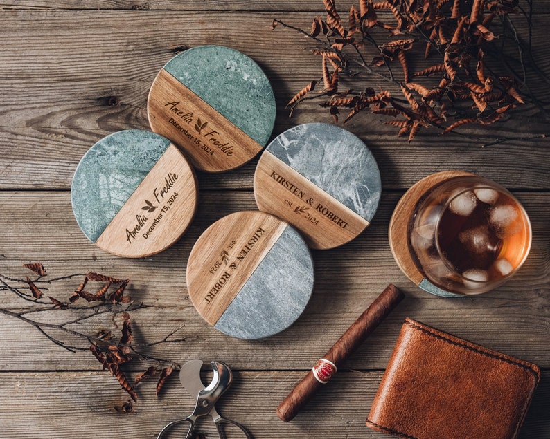 Personalized Round Marble Wood Coasters, Custom Coaster Set, Housewarming Gifts, Engagement ...