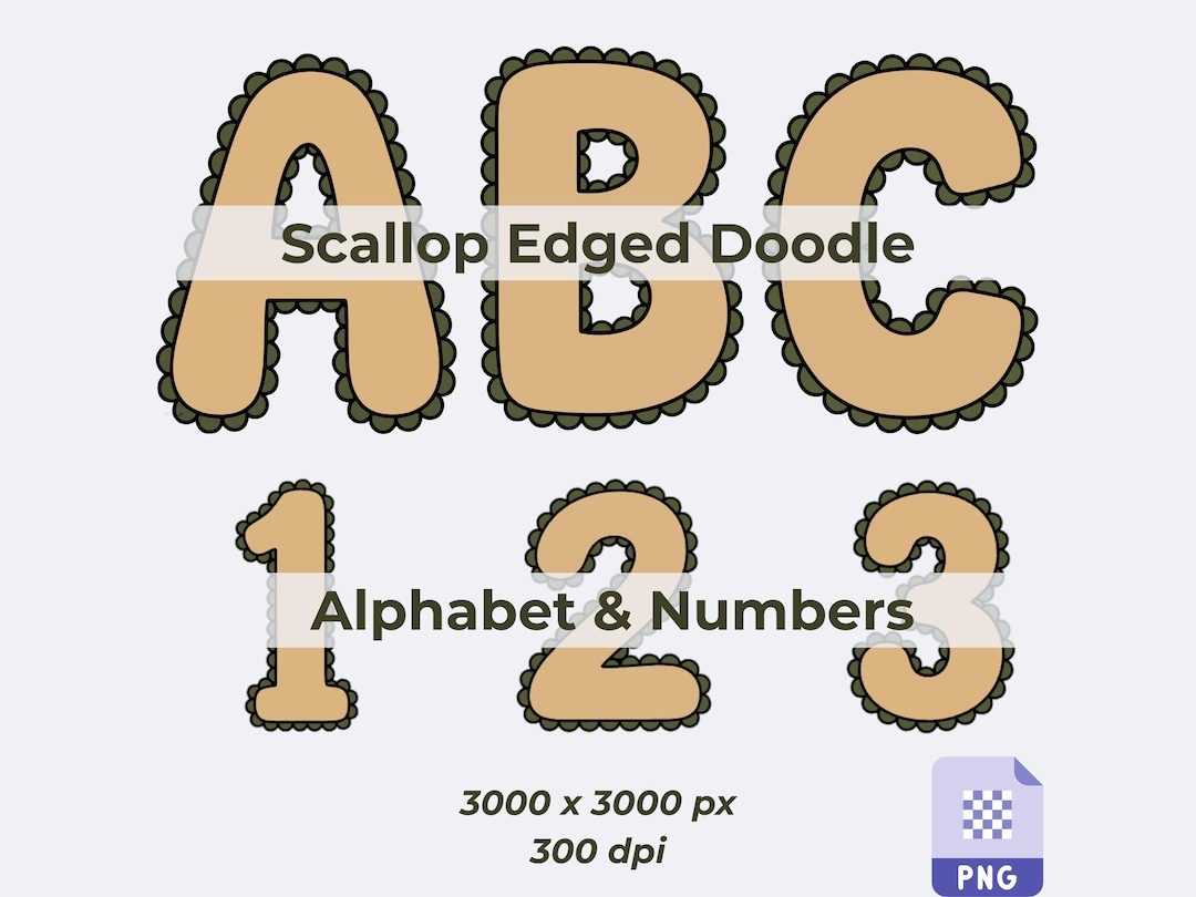 Cozy Scallop Edged Doodle Alphabet PNG Set A-Z 0-9 | Neutral Gold and ...
