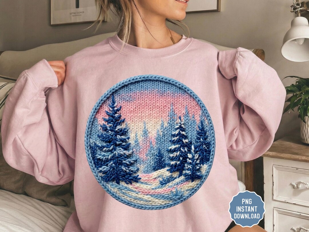 Pastel Icy Blue Faux Knit Winter Forest PNG Cozy Knit Style Circle ...