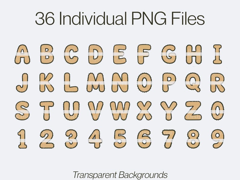 Cozy Scallop Edged Doodle Alphabet PNG Set A-Z 0-9 | Neutral Gold and ...