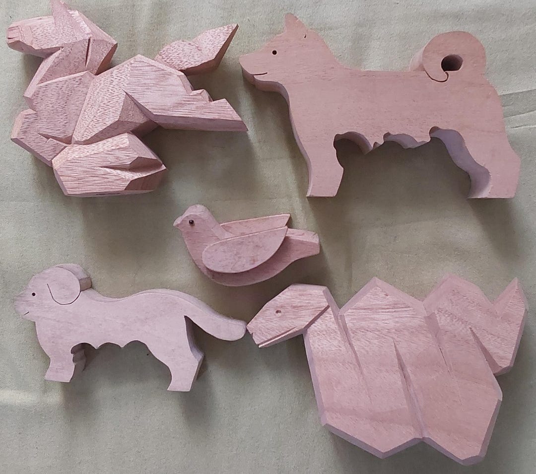 5 Japanese Wooden Art Toy Animal Figures (snake, Dog, Bird, Wolf, Horse ...