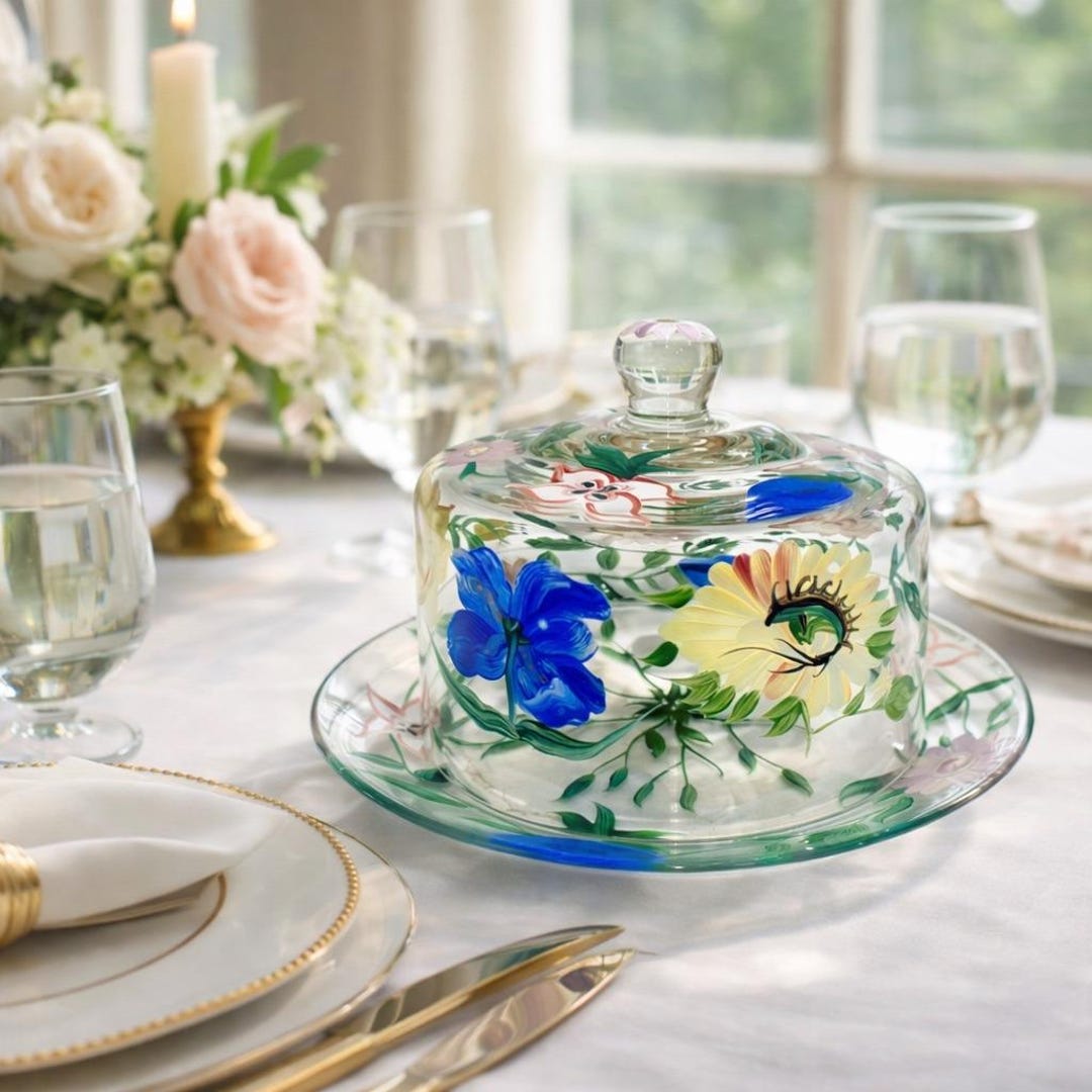 Hand-painted Floral Glass Cloche / Cheese Dome W/ Matching 9” Plate ...