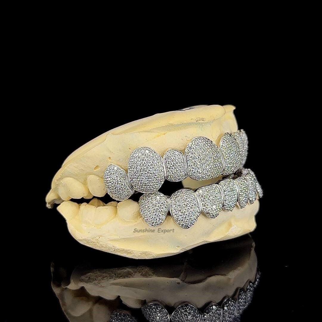 Fully Iced Out 8 Top & 8 Bottom VVS Moissanite Grillz 925 Sterling ...