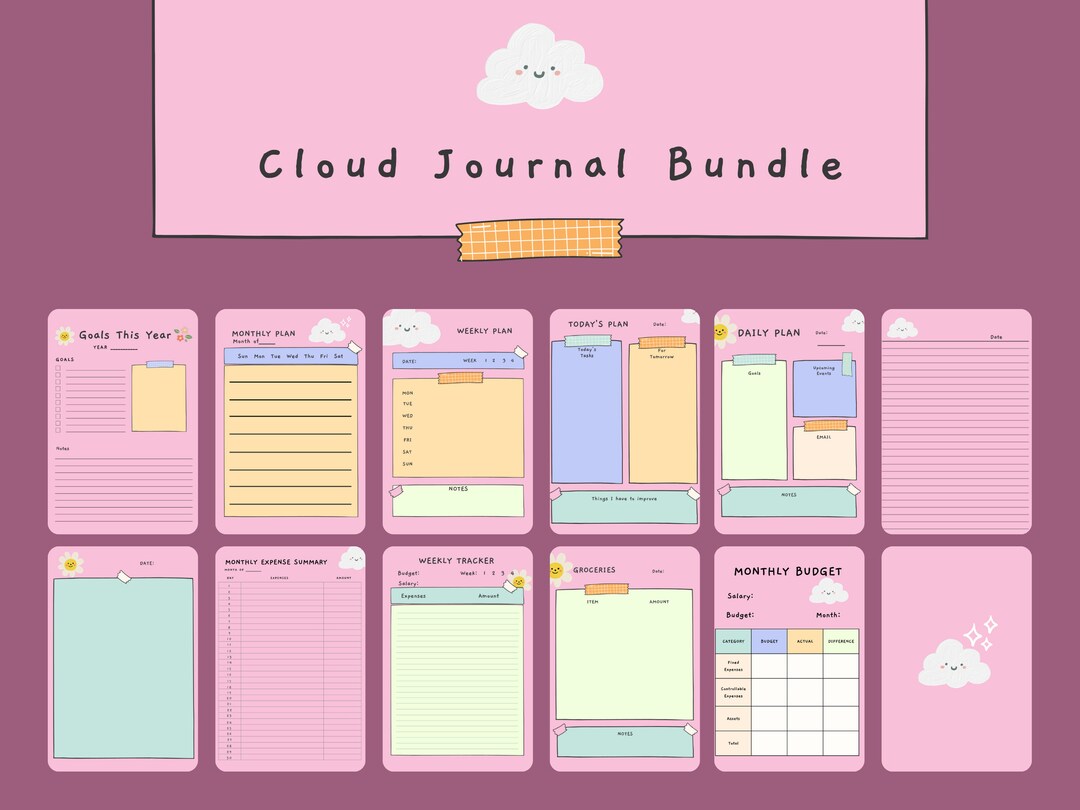 Cute Pink Cloud Printable Journal Bundle Monthly Weekly Daily Task ...