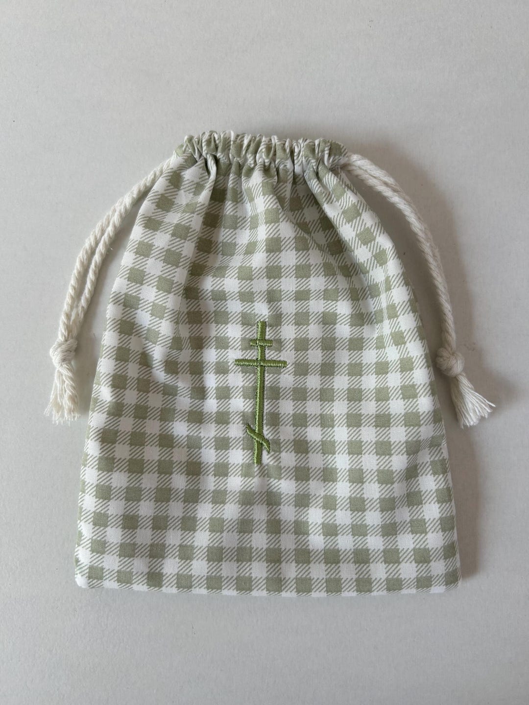 Handmade Embroidered Orthodox Cross Green Check 100% Cotton Drawstring ...