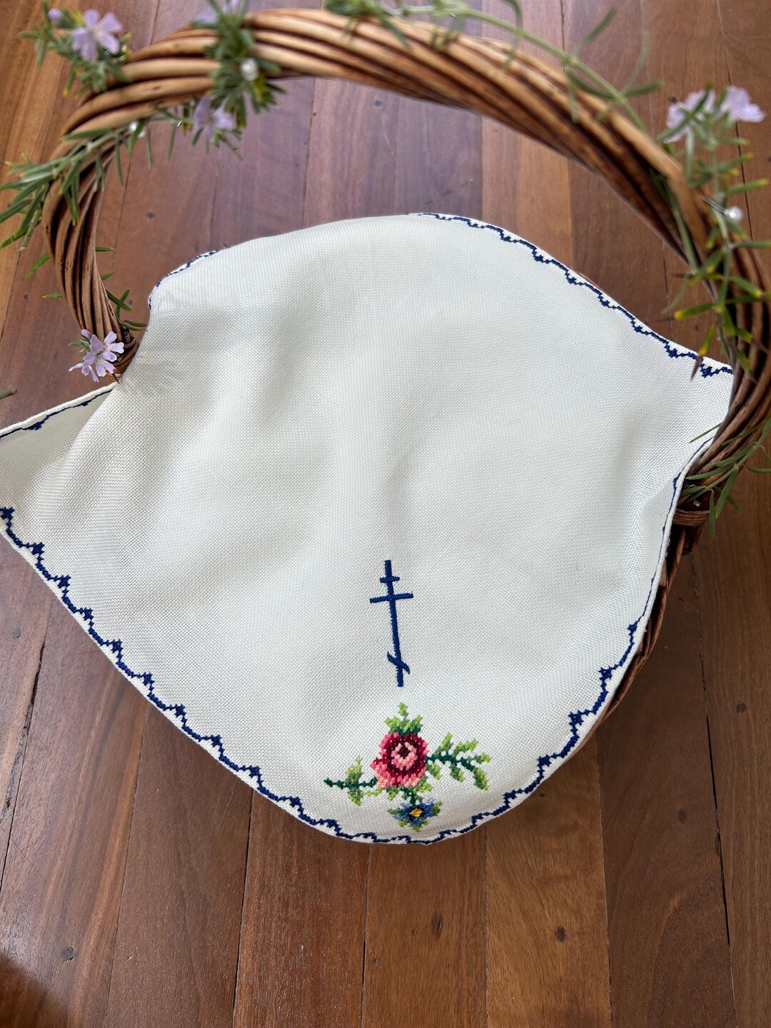 VINTAGE Orthodox Pascha Basket Cover Hand-embroidered Floral Cross ...