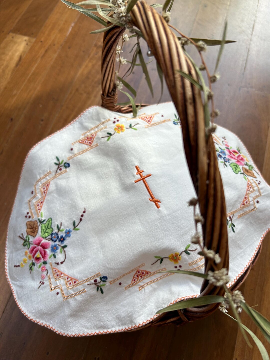 VINTAGE Hand-embroidered Orthodox Cross Cloth Basket Cover Christian ...