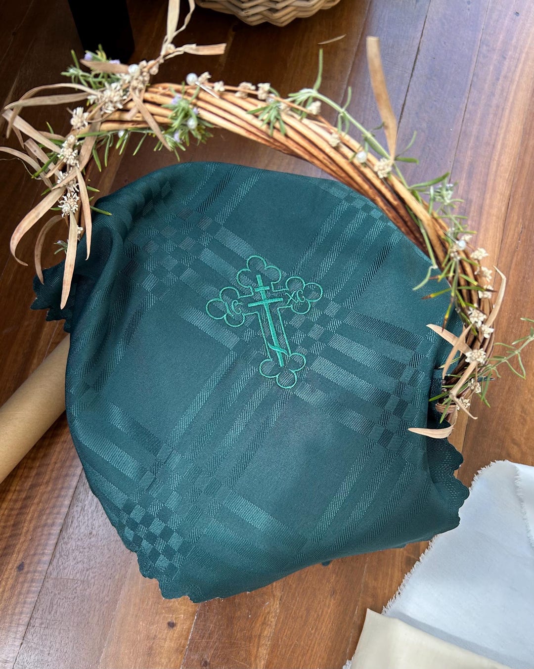 VINTAGE Forest Green Embroidered Cross Scallop Edge Large Cloth Basket Cover Orthodox Christian ...