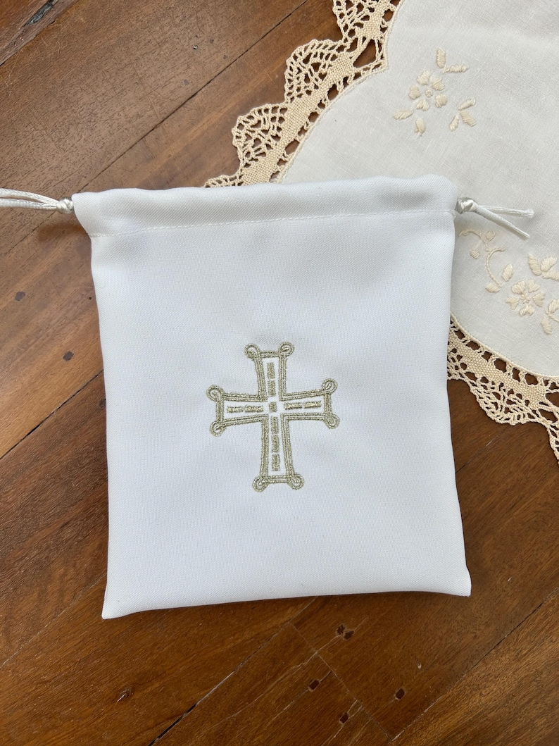 Handmade Embroidered Gold Cross Orthodox Christian Bag White Drawstring ...