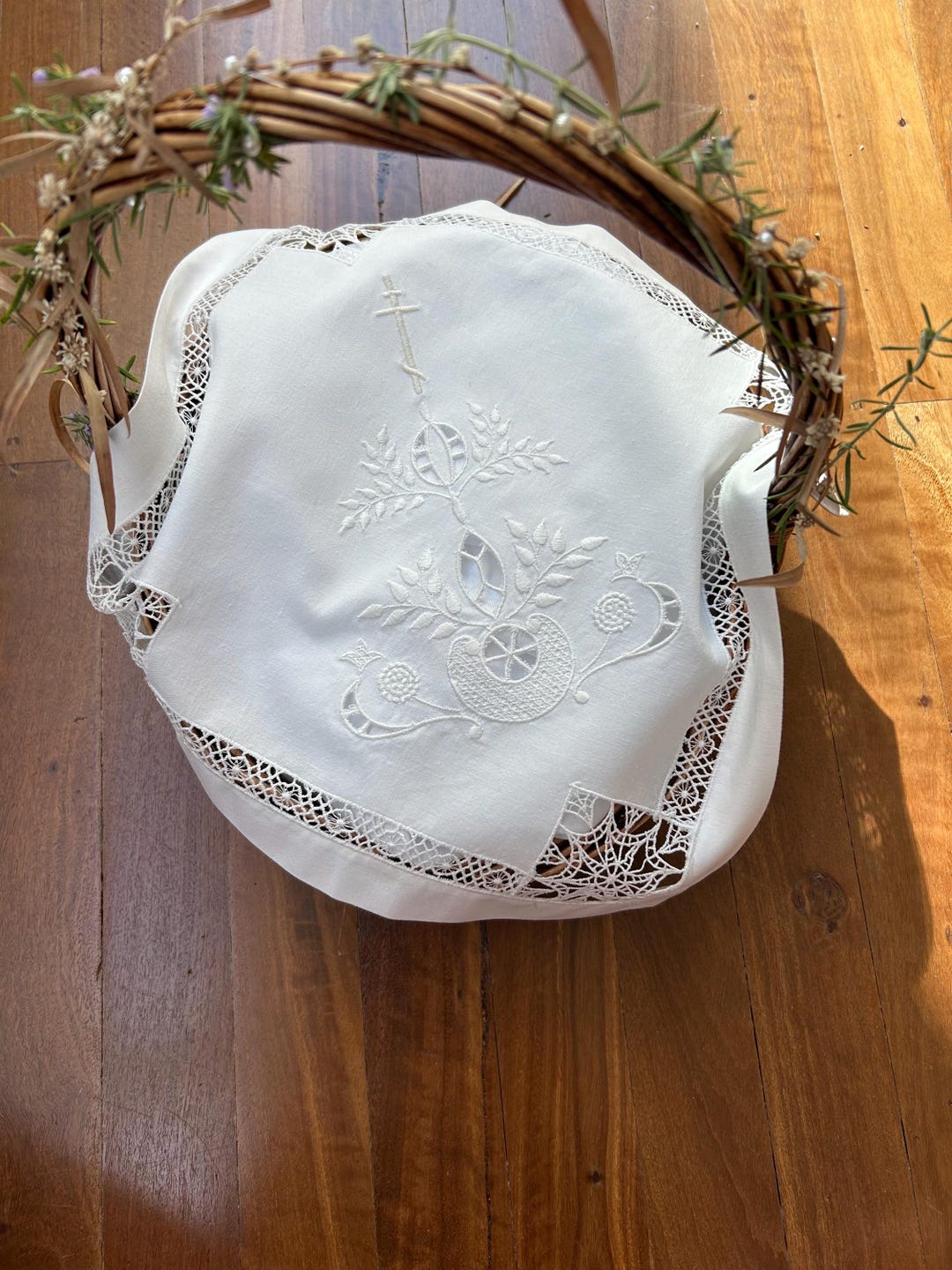 VINTAGE Embroidered Orthodox Cross Cloth Basket Cover Christian Easter Pascha Gift White Cutwork ...