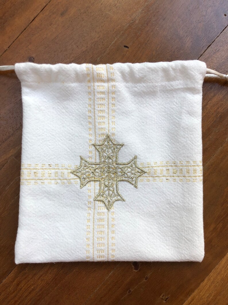 Handmade Embroidered Coptic Orthodox Cross White Gold Pouch Small ...