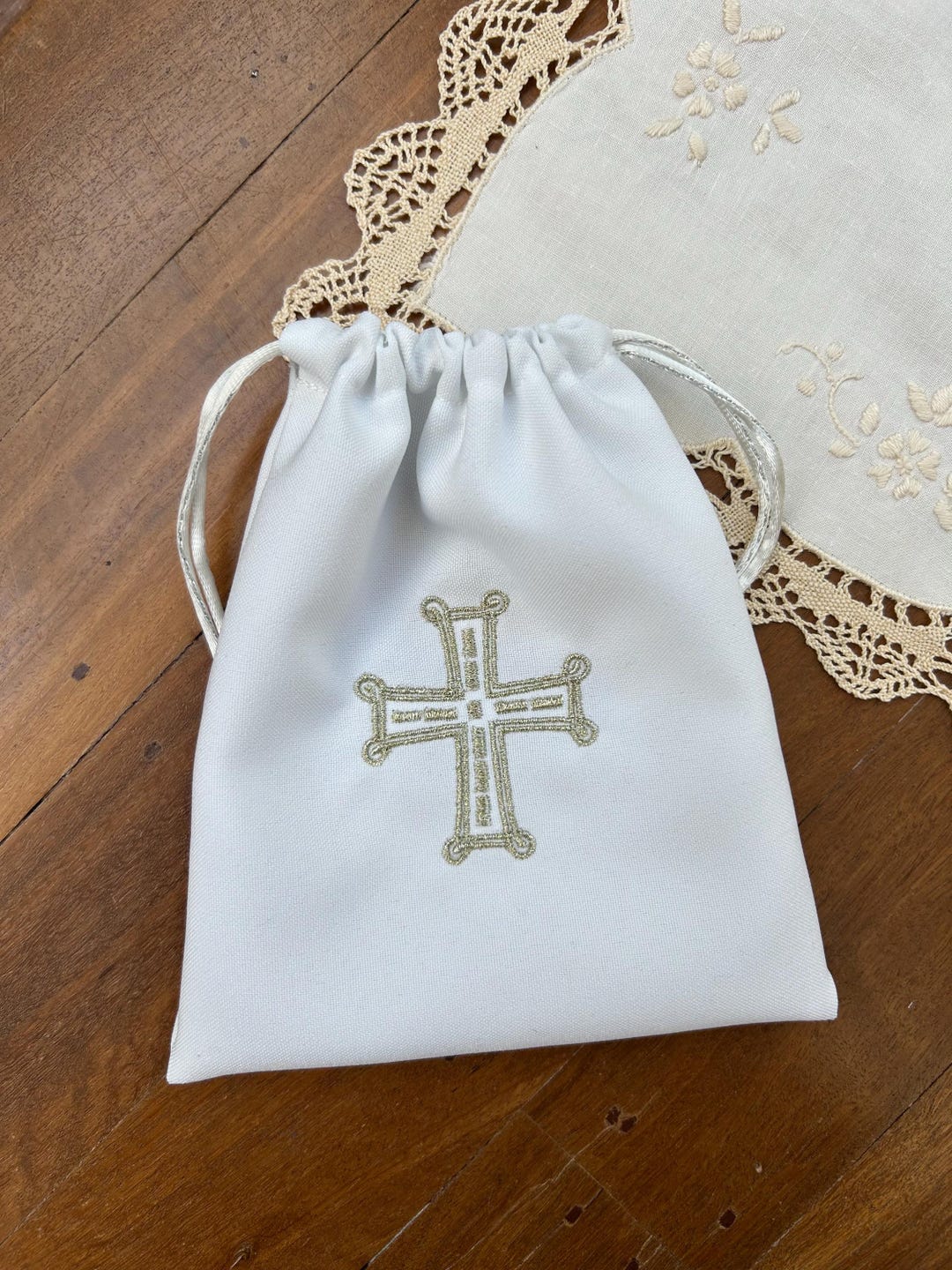 Handmade Embroidered Gold Cross Orthodox Christian Bag White Drawstring ...