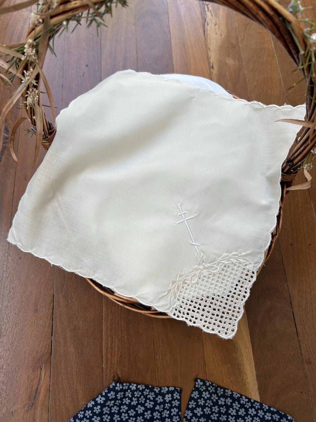 VINTAGE Embroidered Orthodox Cross Cloth Basket Cover Christian Easter Pascha Gift Cream Cutwork ...