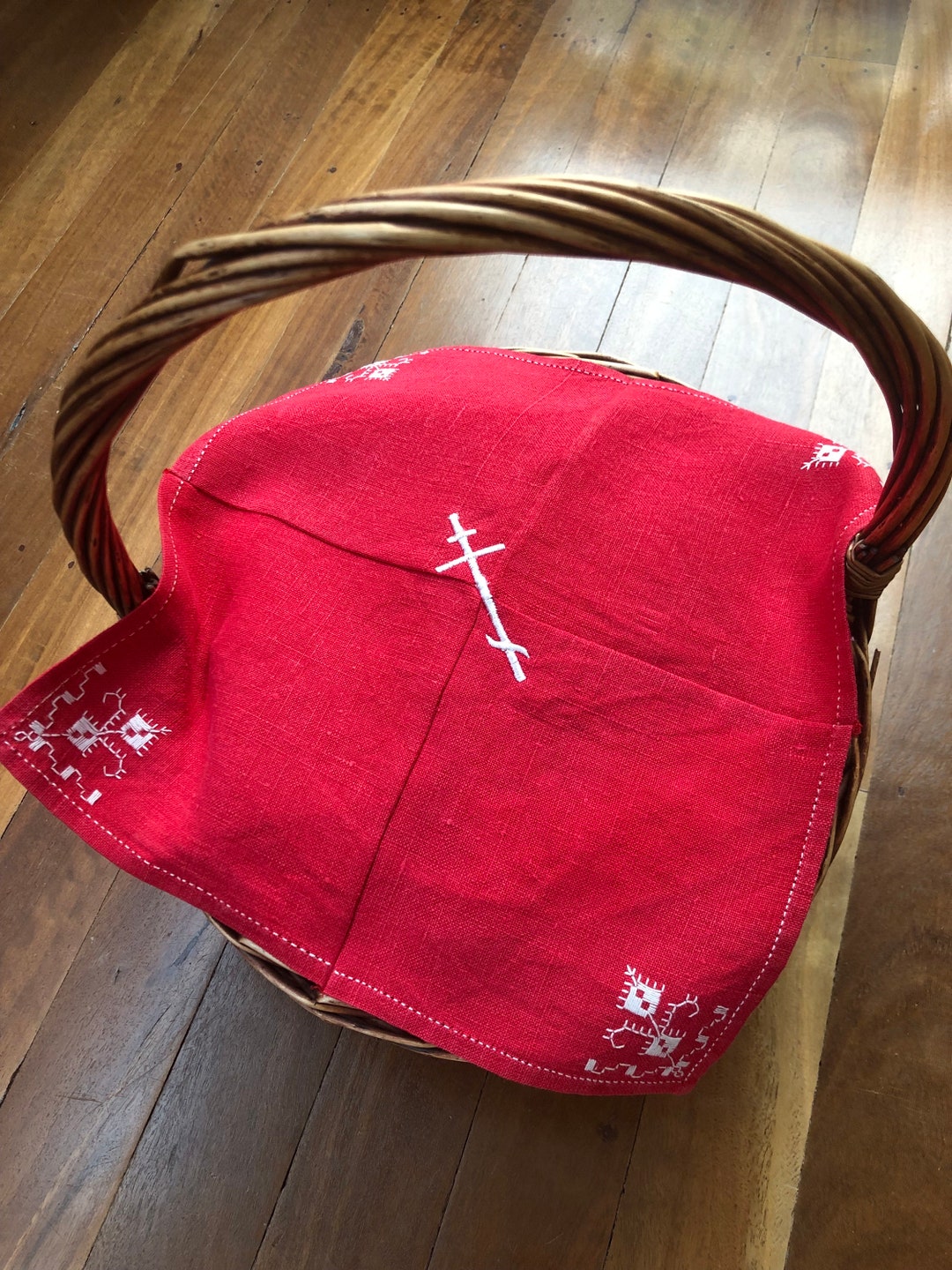 VINTAGE Orthodox Cross Embroidered Red White Cloth Pascha Basket Cover Easter Gift Bread ...
