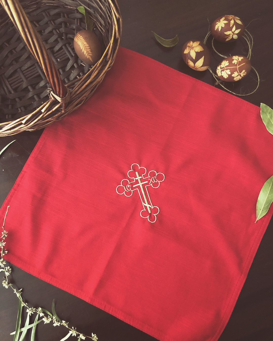 Orthodox Cross Embroidered Red Pascha Basket Cover Easter Gift Holy ...