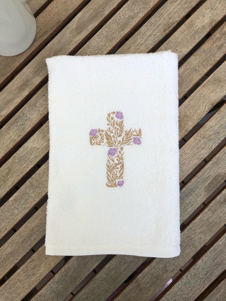 Embroidered Floral Cross Baptism Christening Bath Towel - Personalise ...
