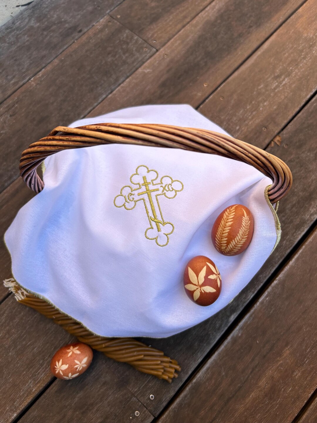 Orthodox Cross Embroidered Gold Lurex White Cotton Large Cloth Pascha Basket or Bread Cover ...