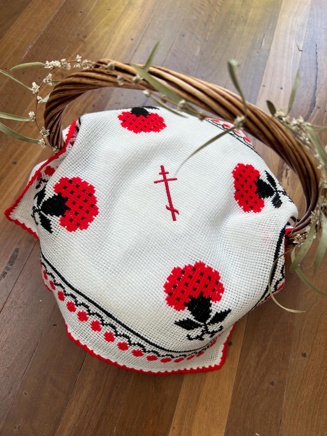 VINTAGE Orthodox Cross Hand-embroidered Cloth Pascha Basket Cover Easter Gift Bread Prosphora ...