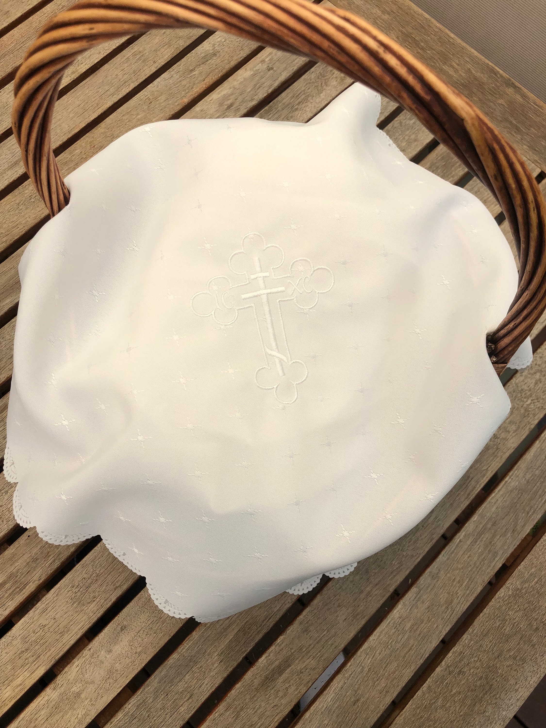 White Embroidered Cross Scallop Edge Cloth Basket Cover Large Orthodox Easter Pascha Gift ...