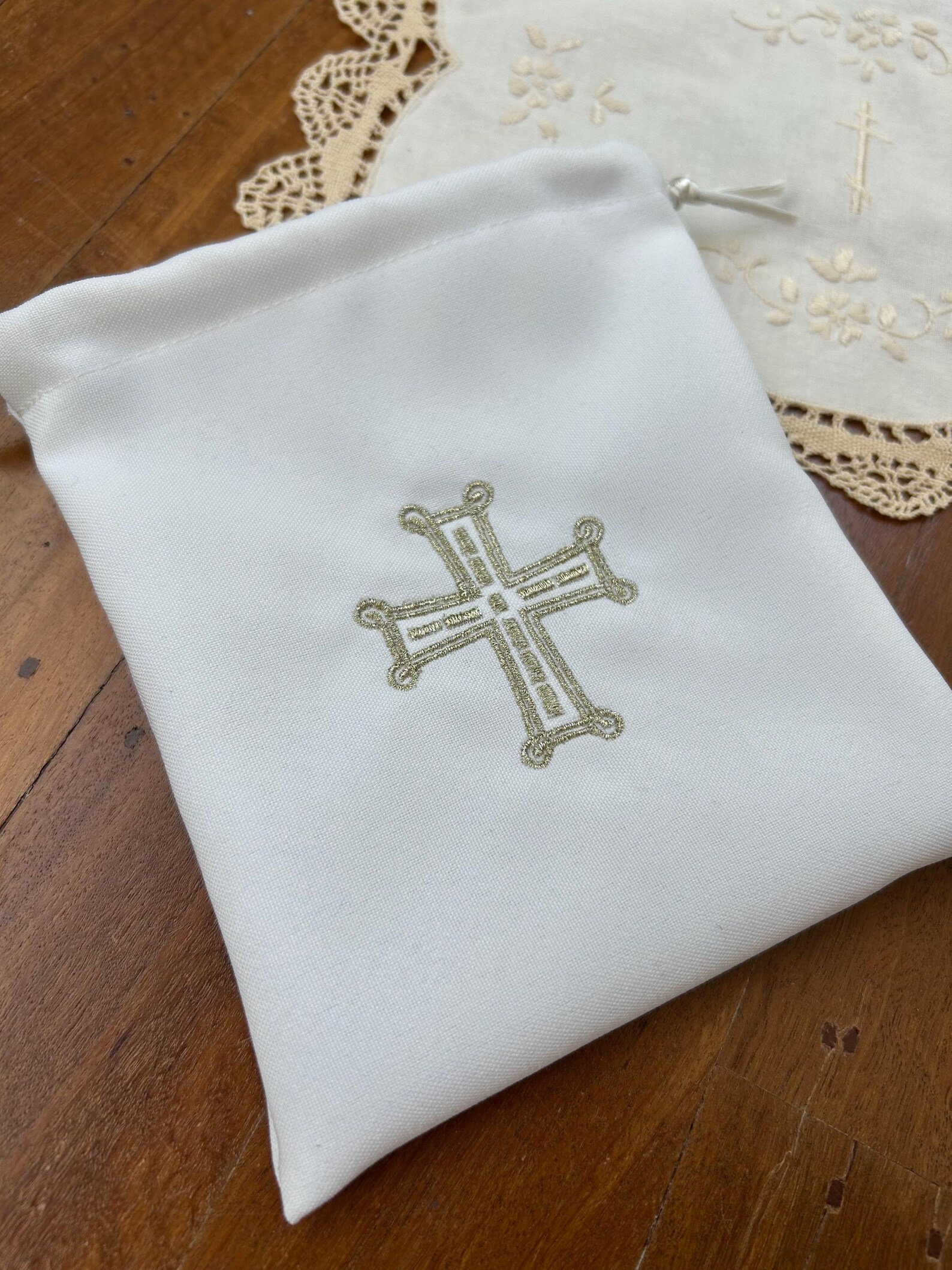 Handmade Embroidered Gold Cross Orthodox Christian Bag White Drawstring ...