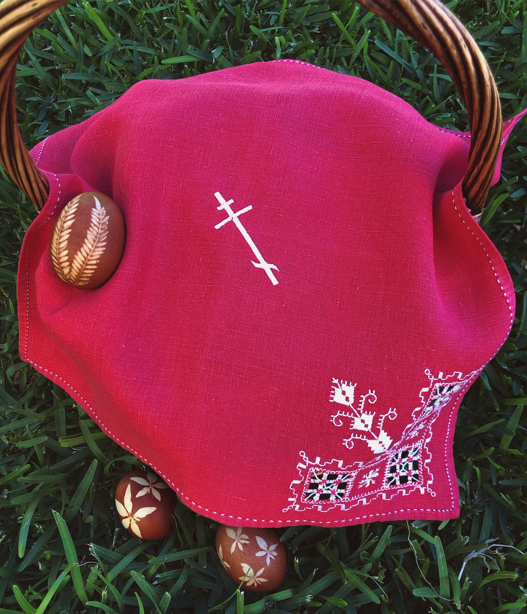 VINTAGE Orthodox Cross Embroidered Red Cloth Pascha Basket Cover Easter Gift Bread Prosphora ...