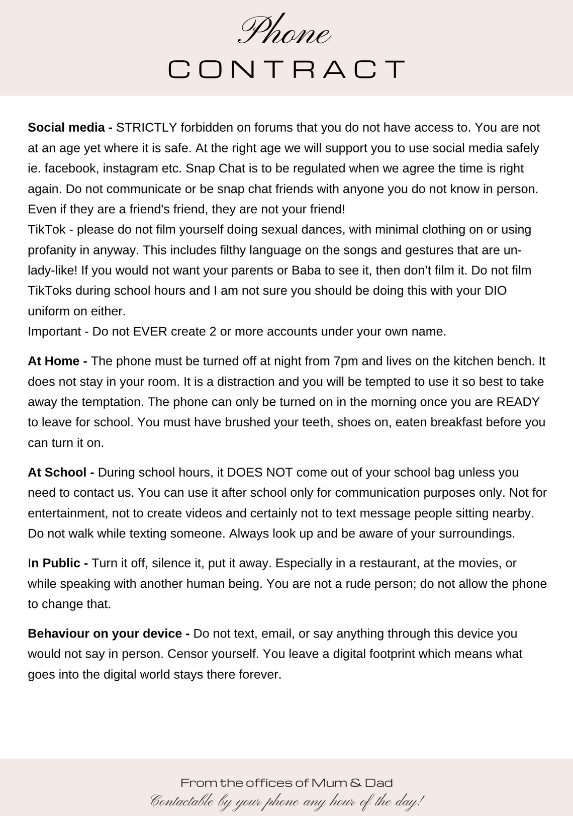 Kids Cell Phone Contract Template: Personalise and Edit First Phone ...