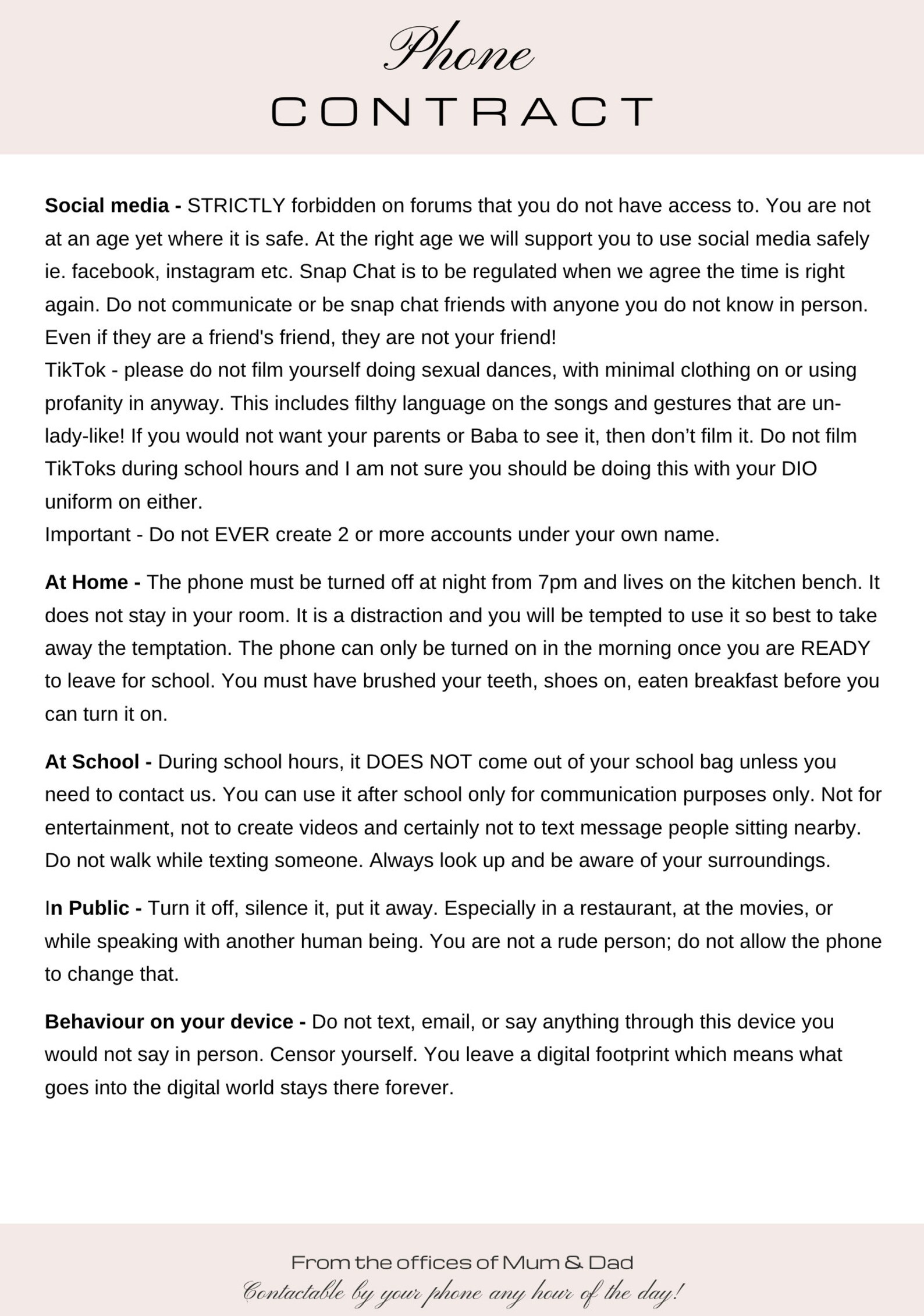 Kids Cell Phone Contract Template: Personalise and Edit First Phone ...