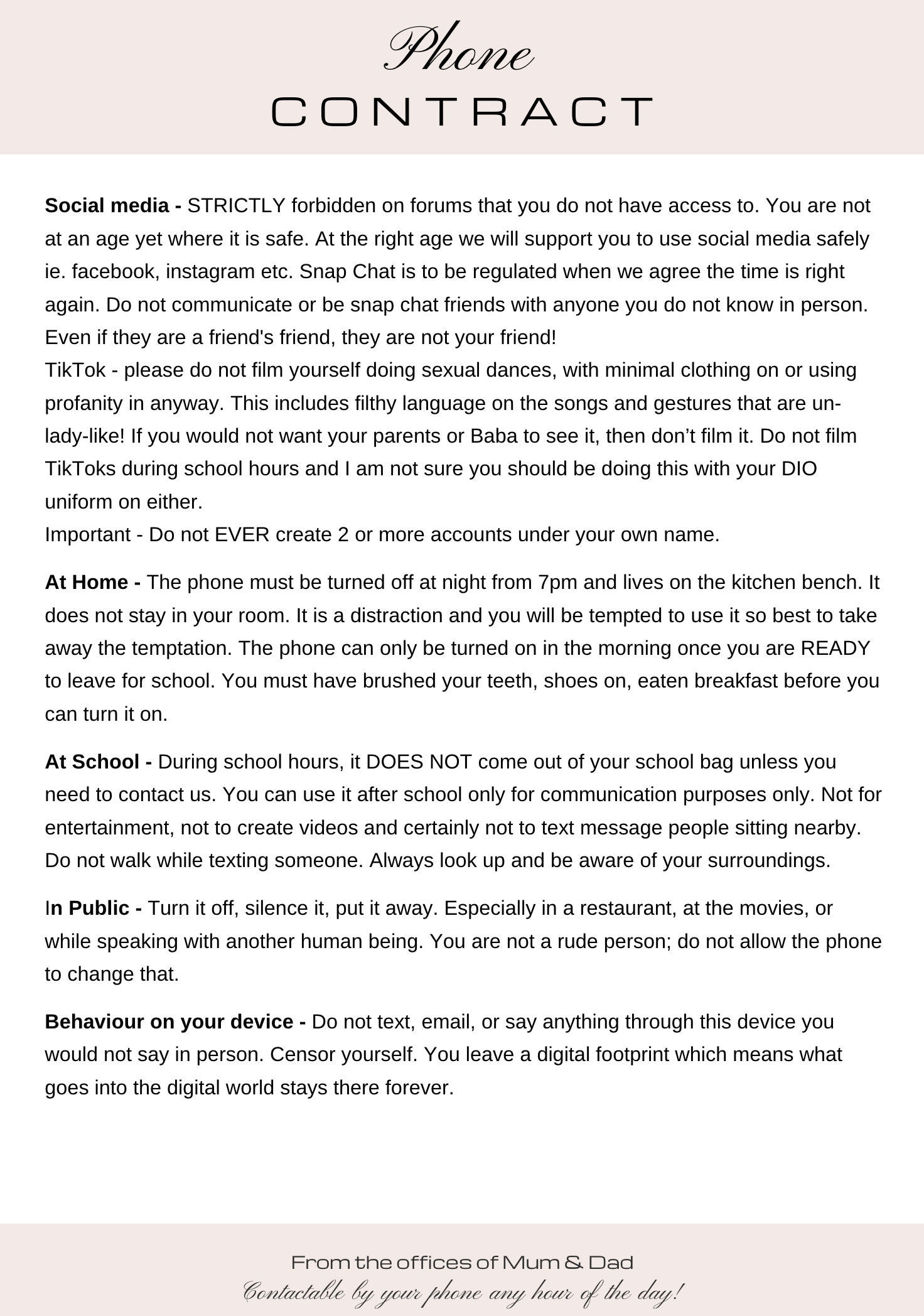 Kids Cell Phone Contract Template: Personalise and Edit First Phone ...