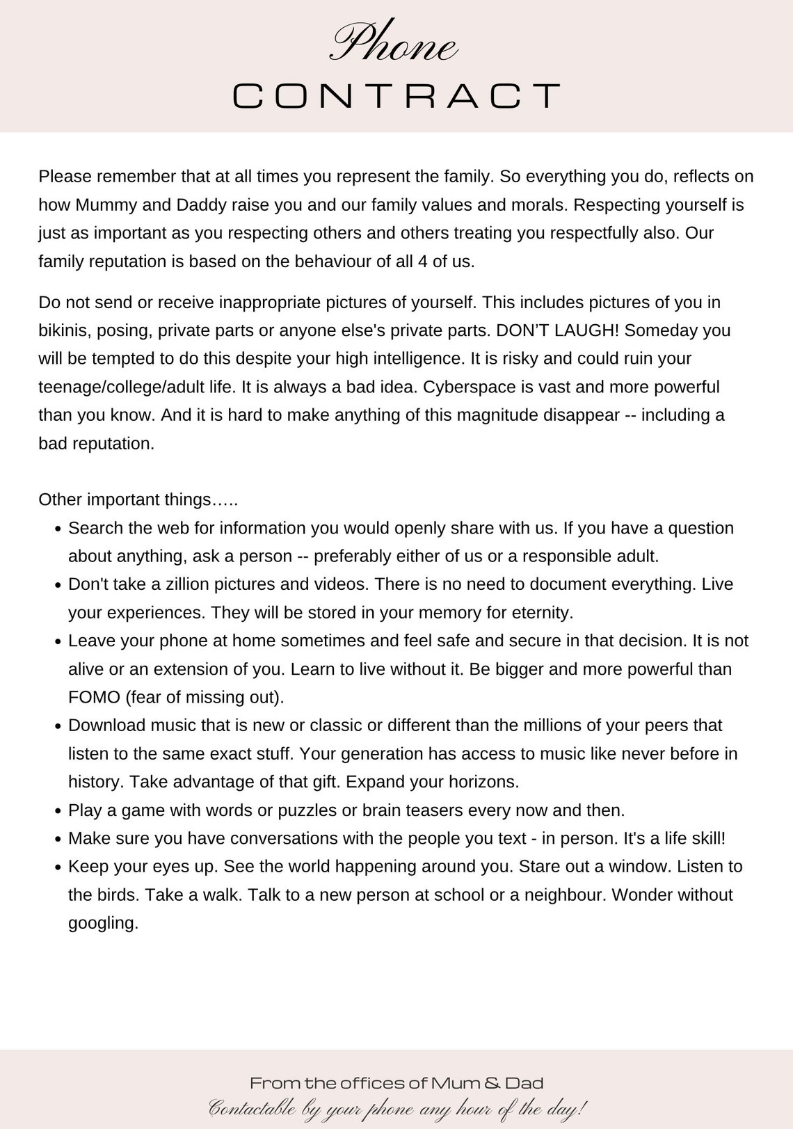 Kids Cell Phone Contract Template: Personalise and Edit First Phone ...