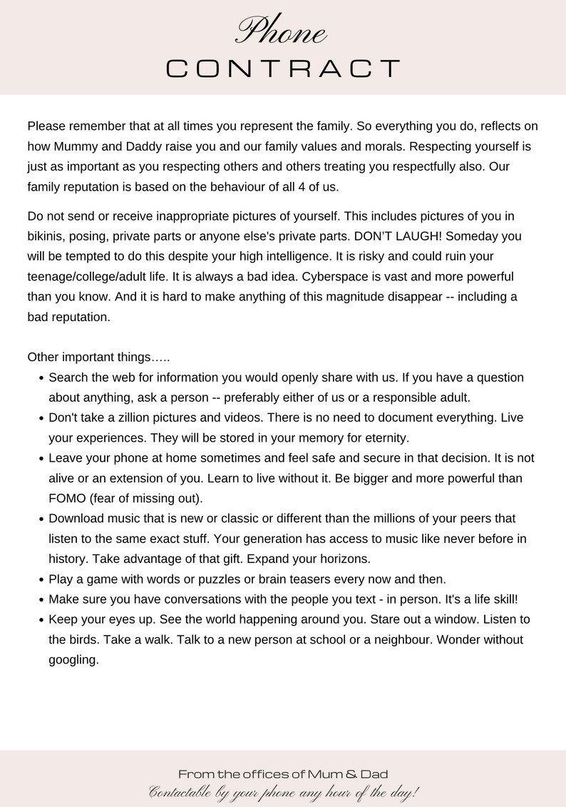 Kids Cell Phone Contract Template: Personalise and Edit First Phone ...