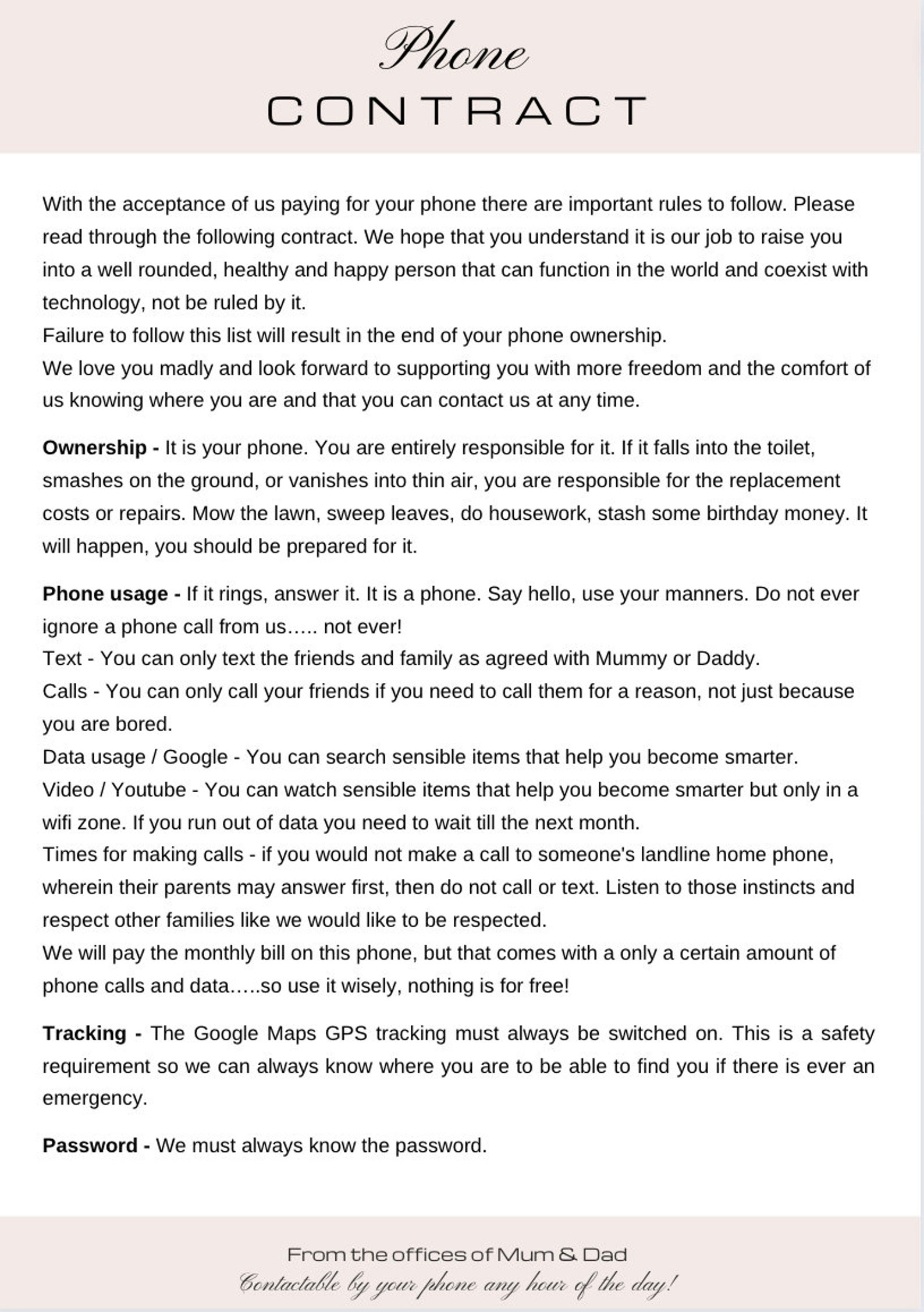 Kids Cell Phone Contract Template: Personalise and Edit First Phone ...