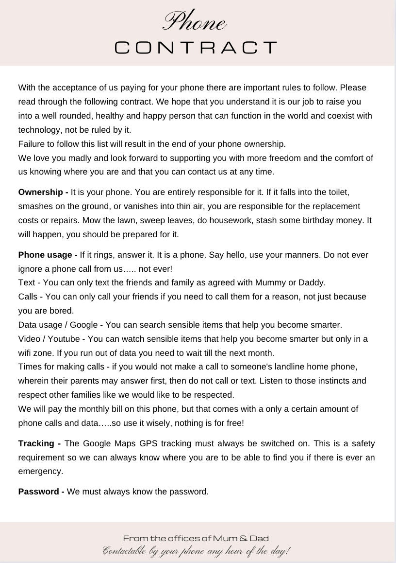 Kids Cell Phone Contract Template: Personalise and Edit First Phone ...
