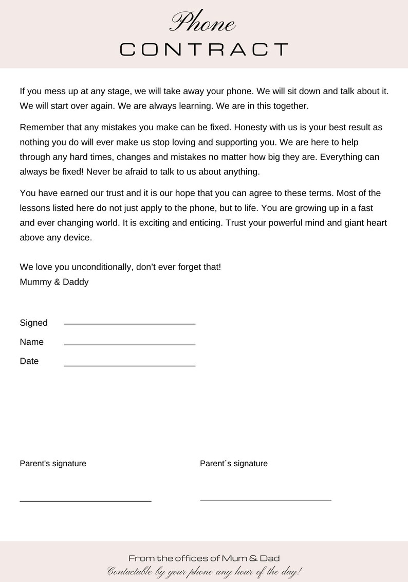Kids Cell Phone Contract Template: Personalise and Edit First Phone ...