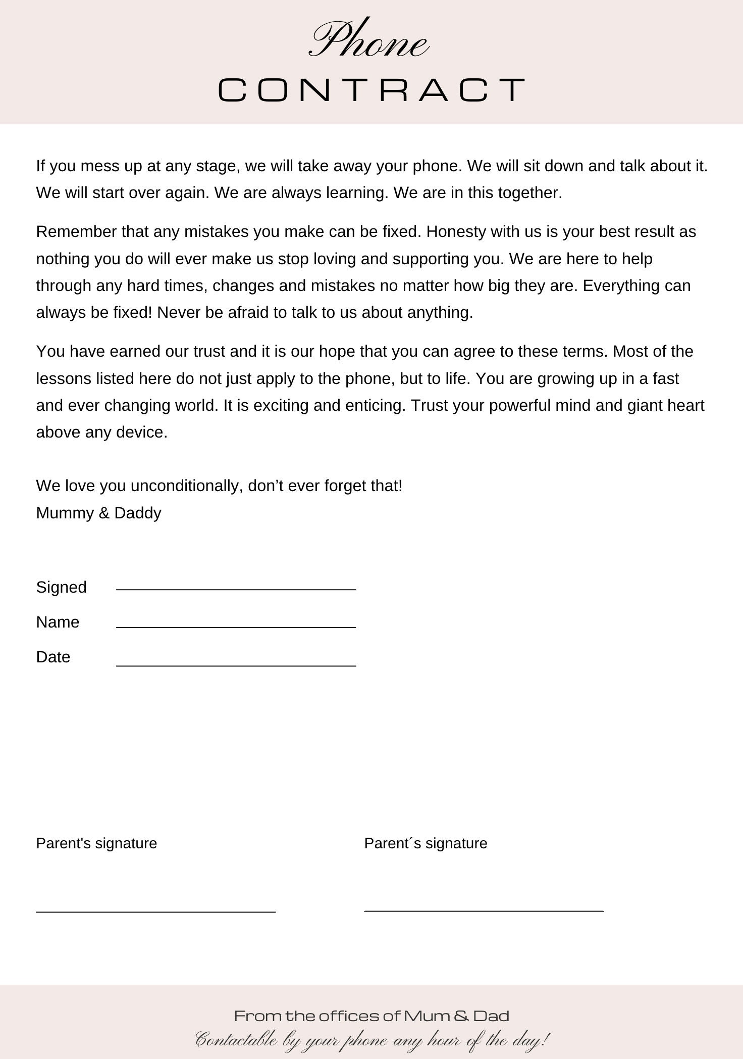 Kids Cell Phone Contract Template: Personalise and Edit First Phone ...