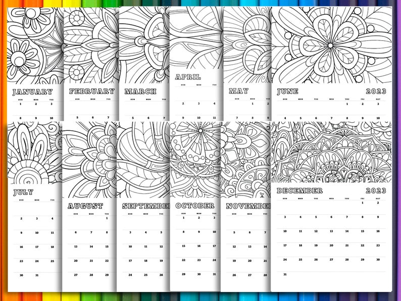 2023 Printable Coloring Calendar Mandala Design Etsy