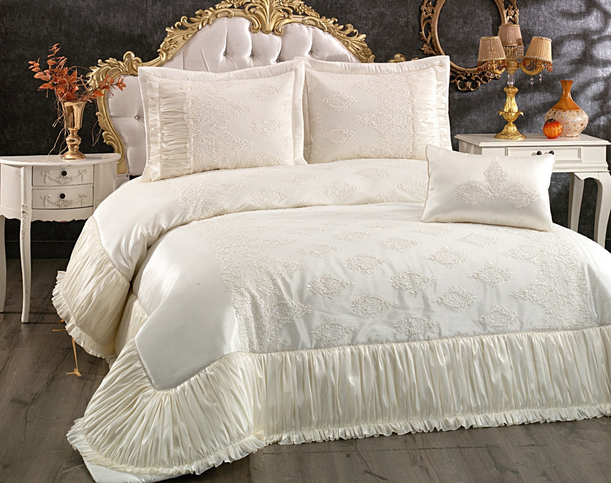 Luxury Bed Cover, Ottoman Silk Bedspread 4 Piece Set French Lace King ...